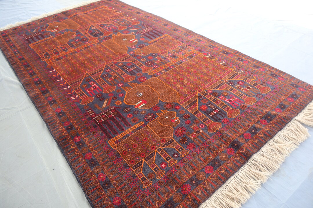 3'9x6'5 Ft Afghan Pictorial Rug Vintage Handmade Soft Wool Animals ...