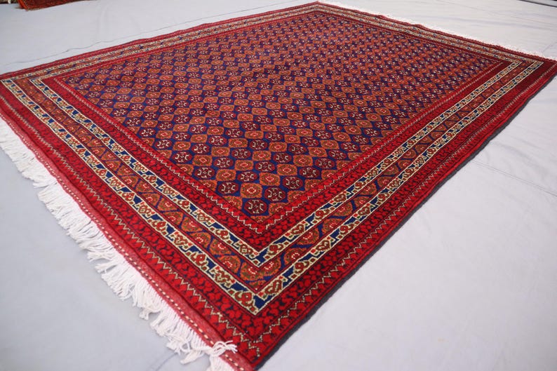 4'10x6'5 Ft Red Turkmen Mowri Bukhara Rug, Handmade High Pile Wool Rug ...