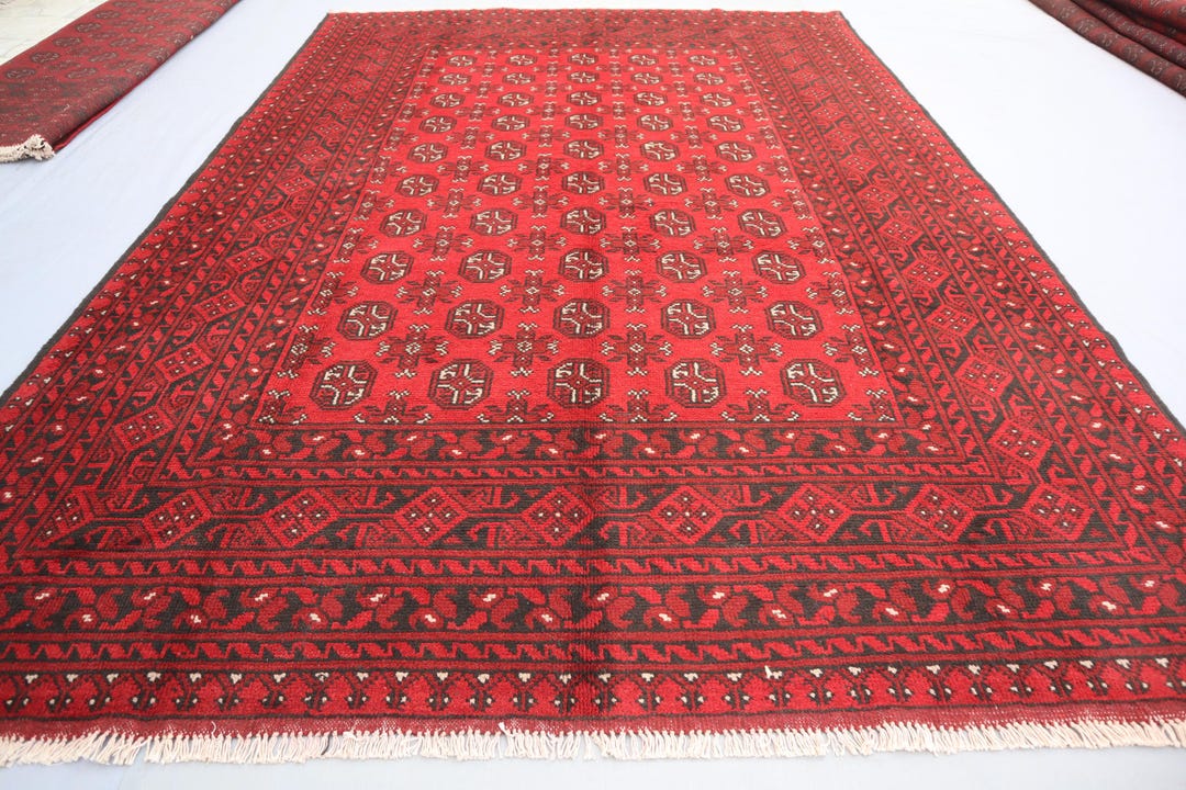 Antique Area Rug 6'5x9'5 Ft, Red Turkmen Bukhara Rug, Afghan Handmade ...