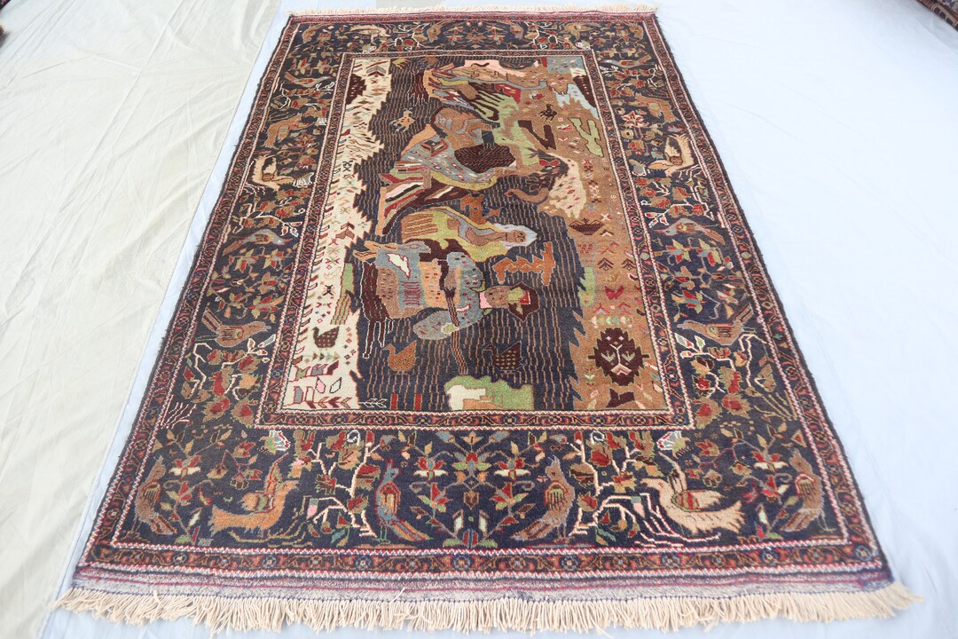 4'5x6'10 Ft Pictorial Art Human Rug Afghan Handmade Wool Rug- Floral ...