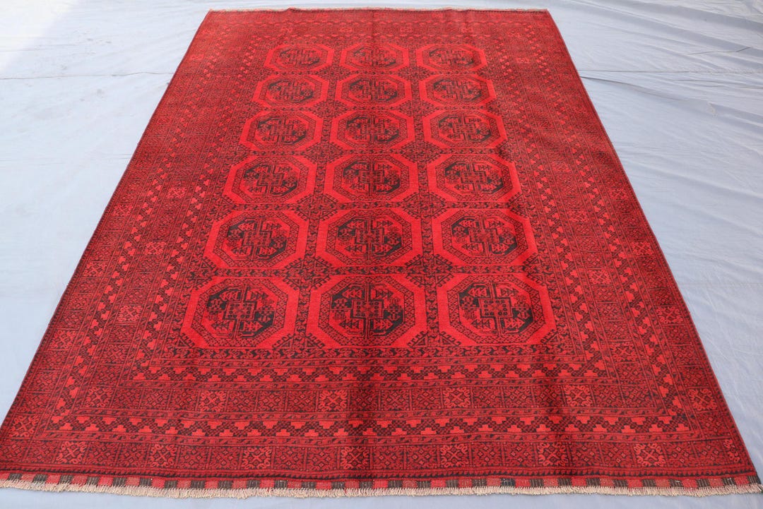 7x9 Ft Red Turkmen Area Rug Handmade Wool Rug, Vintage Afghan Oriental ...