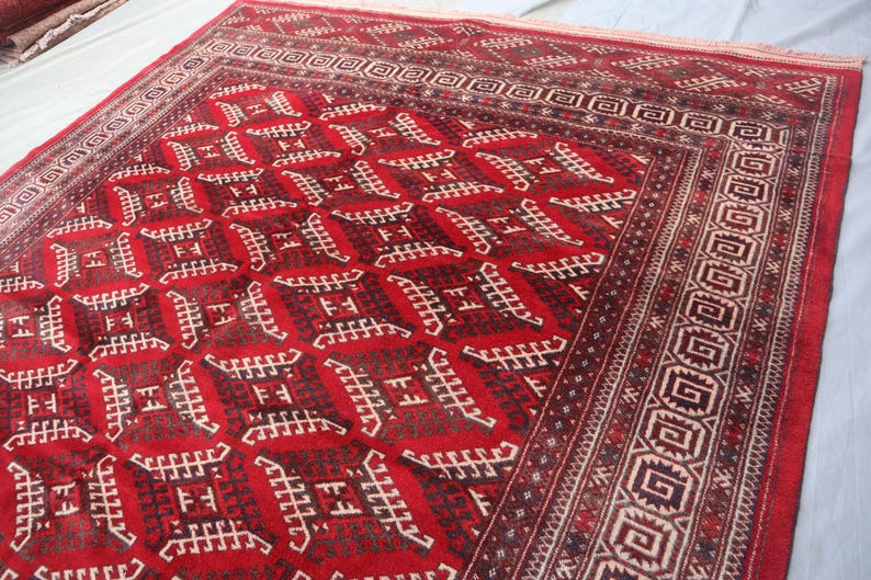 Vintage Red Rug 7'9x11'4 Ft Turkmen Bukhara Rug/ High Pile Handmade ...