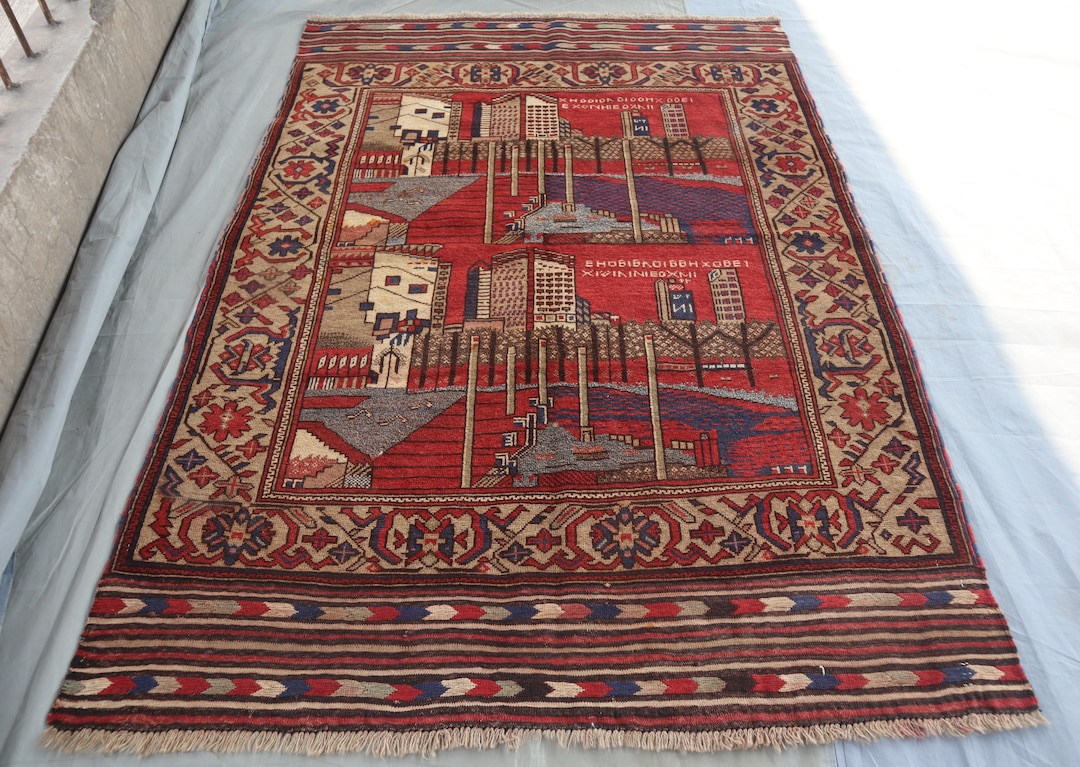 One of a Kind 4x6 Ft Pictorial Rug, Afghan Vintage Red Area Rug ...