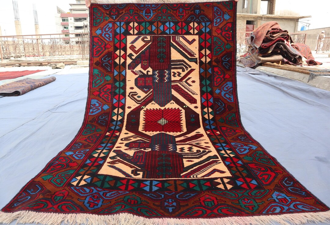 3'4x5'6 Ft Afghan Baluchi Rug, Vintage Geometric Hand Knotted High Pile ...