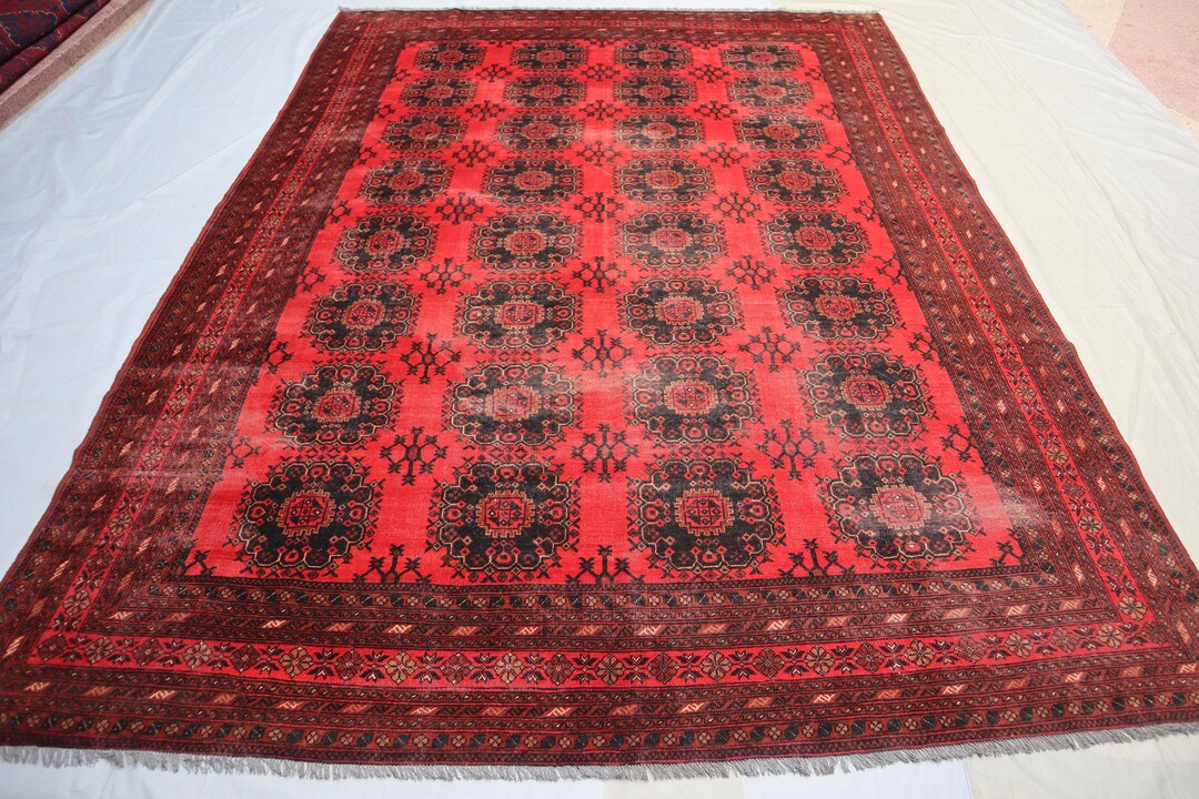 1960s Antique Red 8x11 Turkmen Tribal Rug/ Afghan Hand Knotted Low Wool ...
