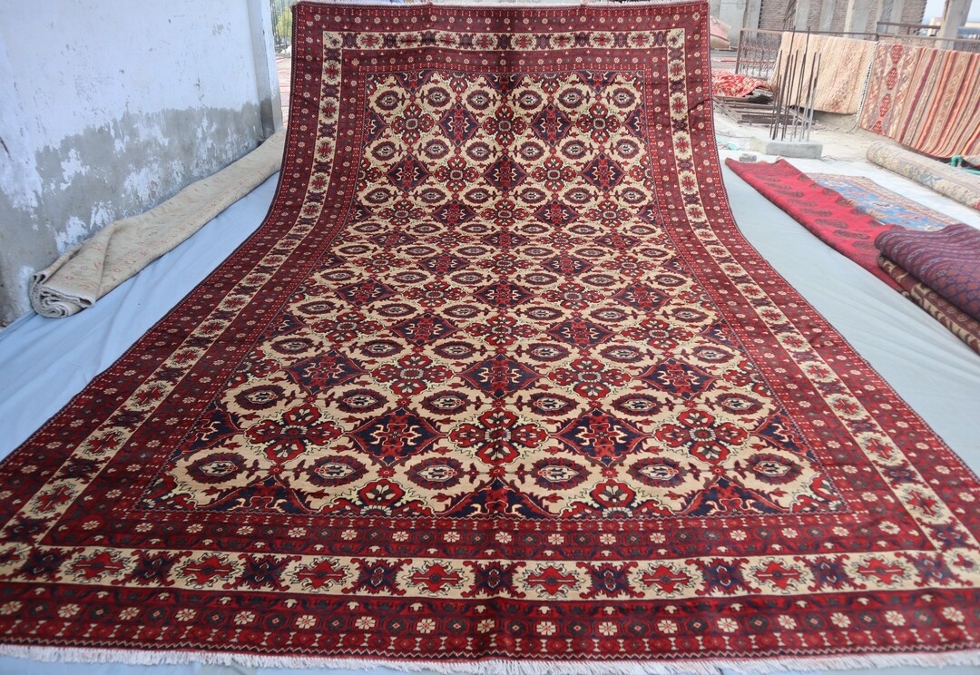 10x16 Ft Large Antique Area Rug, Vintage Red Beige Rug, Afghan Handmade ...