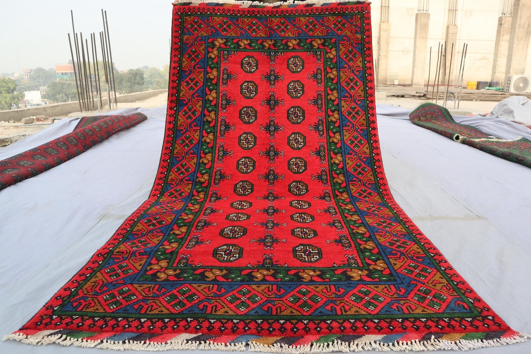 Red Bukhara Rug 3'3x6'4 Ft Afghan Tribal Hand Knotted Wool Rug ...