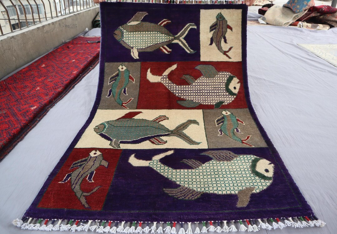 2'7x4'2 Ft Fish Pictorial Rug, Afghan Handmade Fine Wool Rug Oriental ...