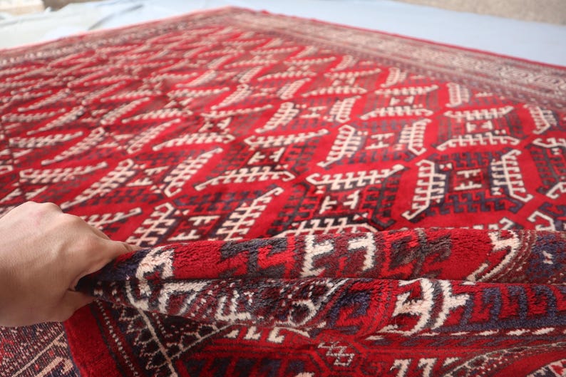 Vintage Red Rug 7'9x11'4 Ft Turkmen Bukhara Rug/ High Pile Handmade ...