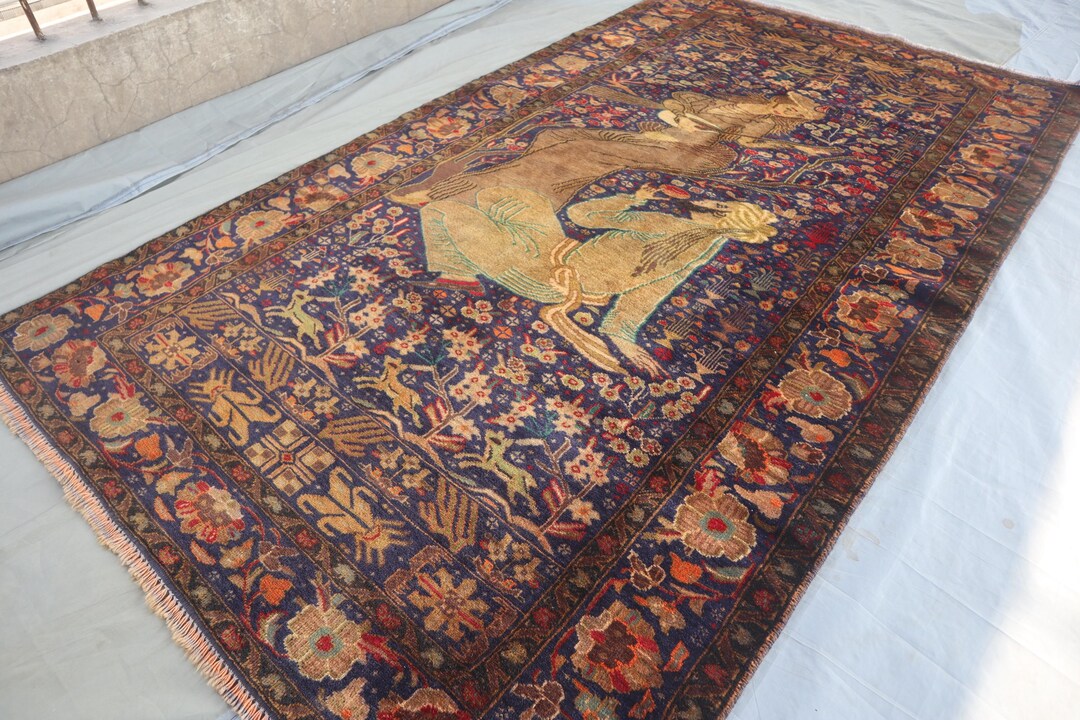 4x7 Ft Pictorial Art Deco Rug Antique Afghan Handmade Wool Rug- Vintage ...