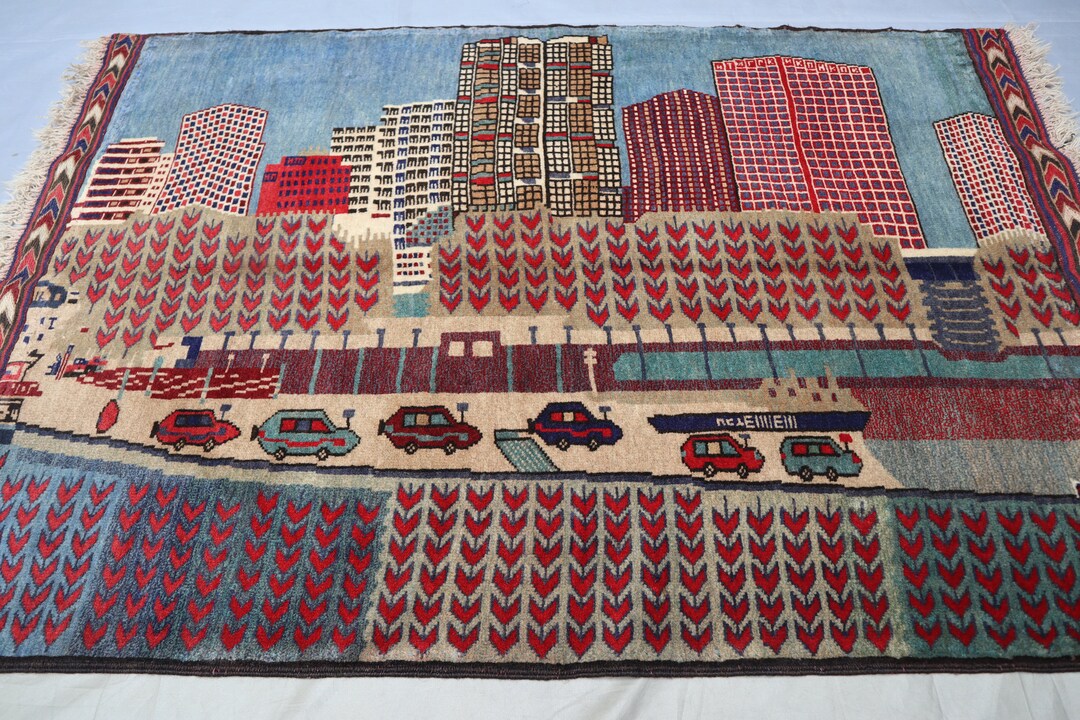 Pictorial Rug 3'2x4'4 City Cars Buildings Art Rug Afghan Handmade Wool ...
