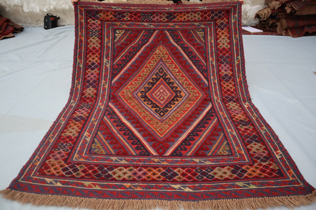 4x5 Ft Afghan Vintage Mushwani Handmade Wool Rug, Turkmen Baloch Design ...