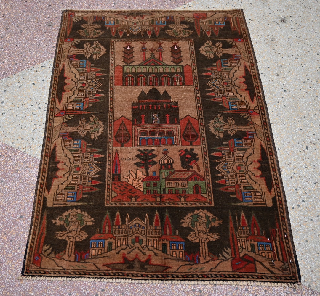 Vintage Pictorial Rug, 3.8 X 2.8 Ft, Antique Afghan Rug, Tribal Wall ...