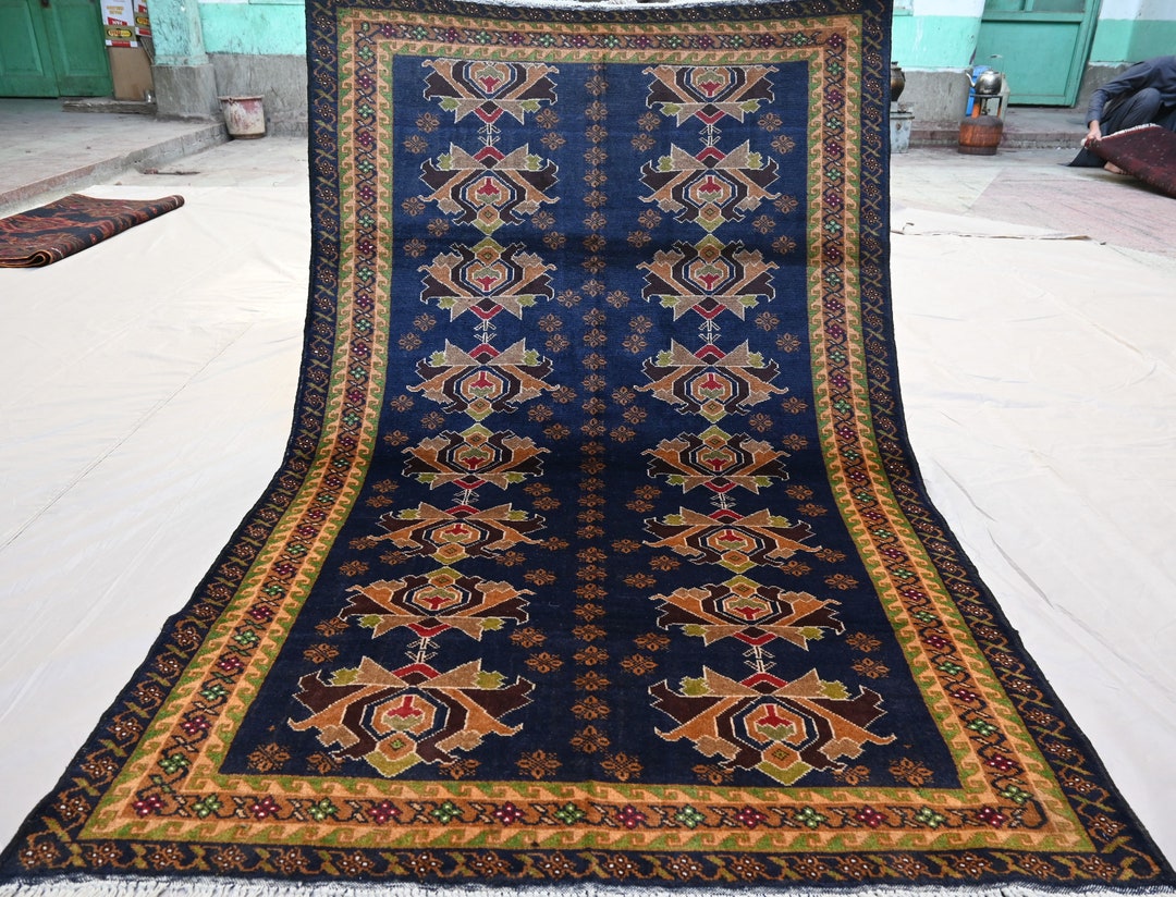 Dark Blue Afghan Rug 4x6 Ft Turkmen Hand Knotted High Pile Soft Wool ...