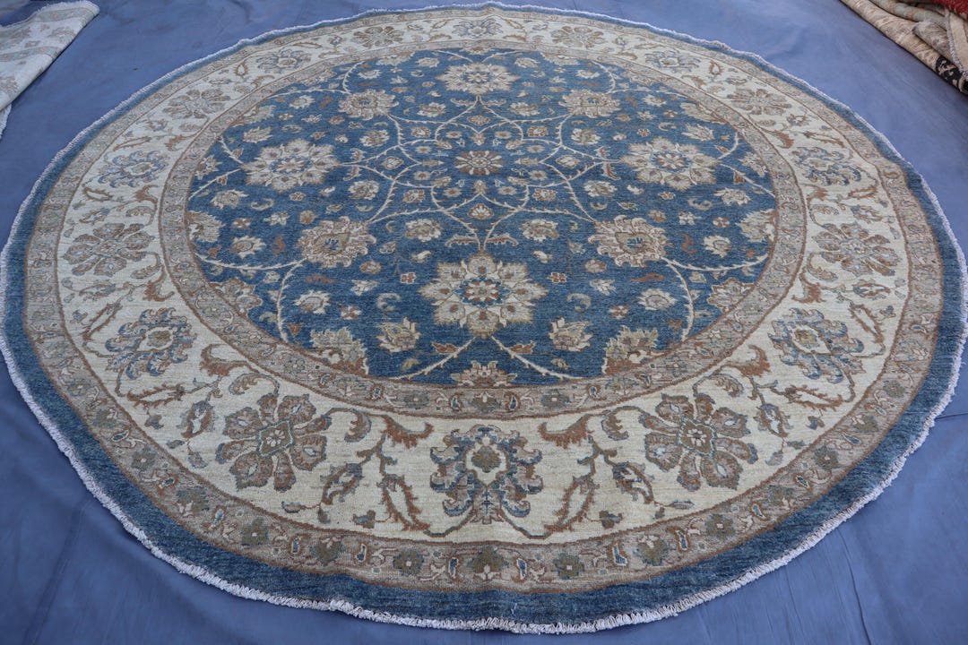 9x9 Round Area Rug Beige Soft Blue One of a Kind Afghan Hand Knotted ...
