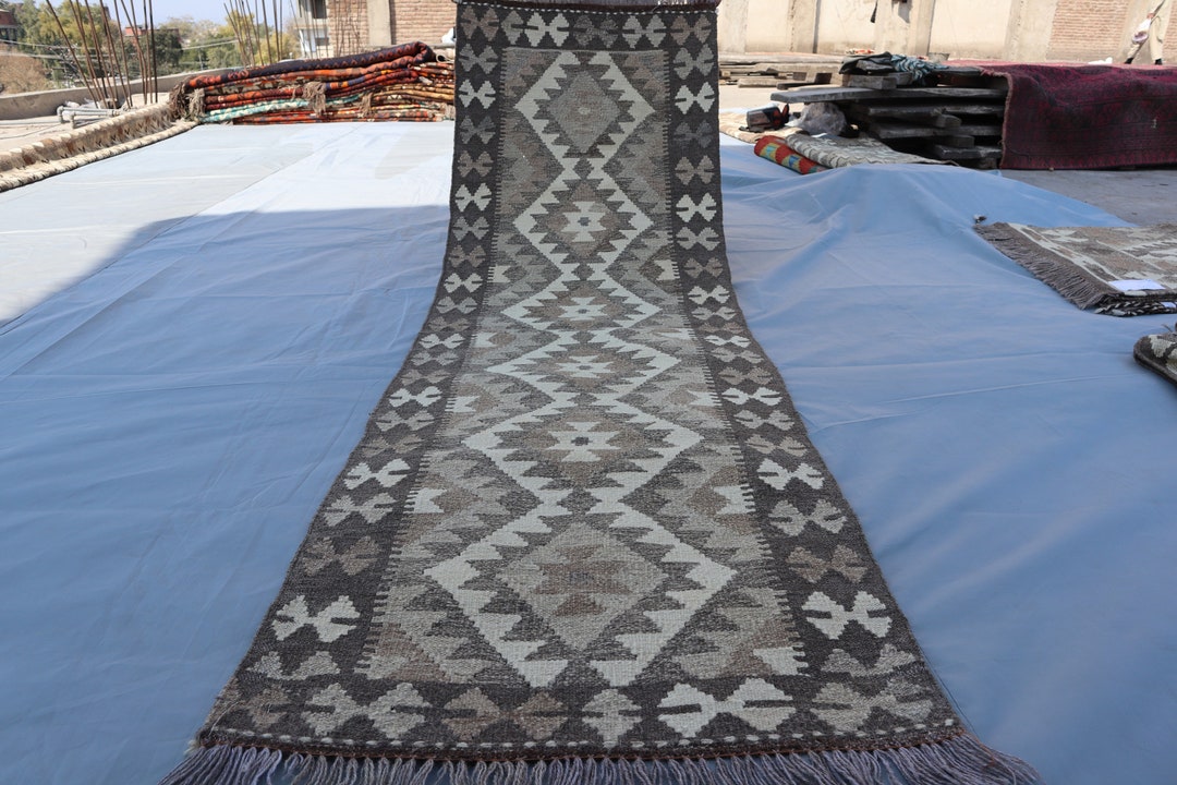 Short Kilem Runner Rug, 2x6'6 Afghan Beige Gray Turkmen Kilim Runner ...