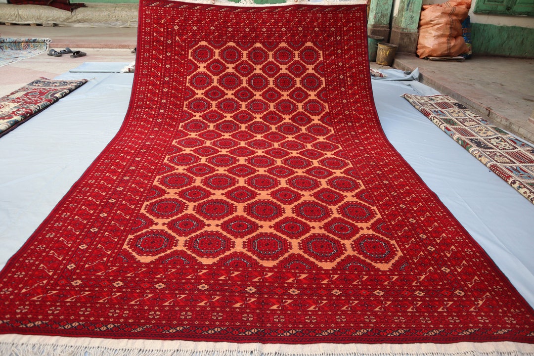 6'5x10 Turkmen Bukhara Rug - Red Orange Afghan Hand Knotted Wool Area ...