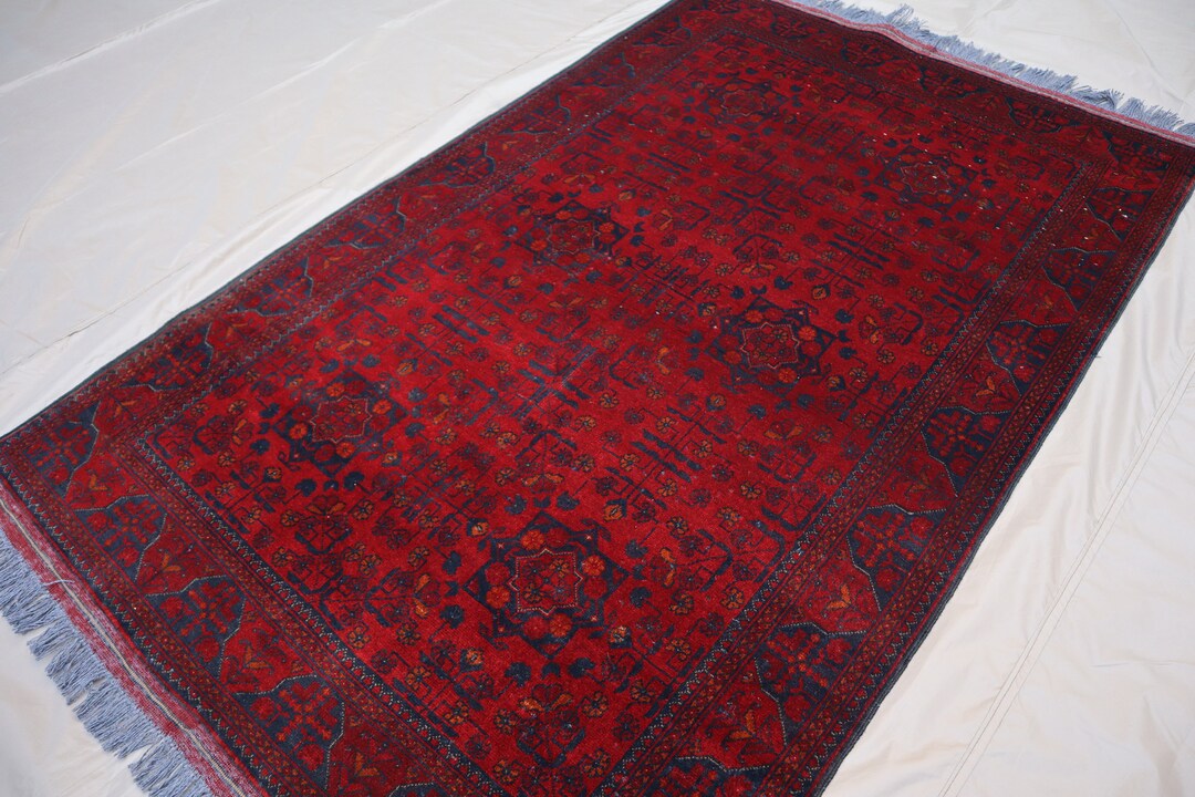 4x7 Large Vintage Turkmen Red Area Rug, Afghan Handmade High Pile Soft ...