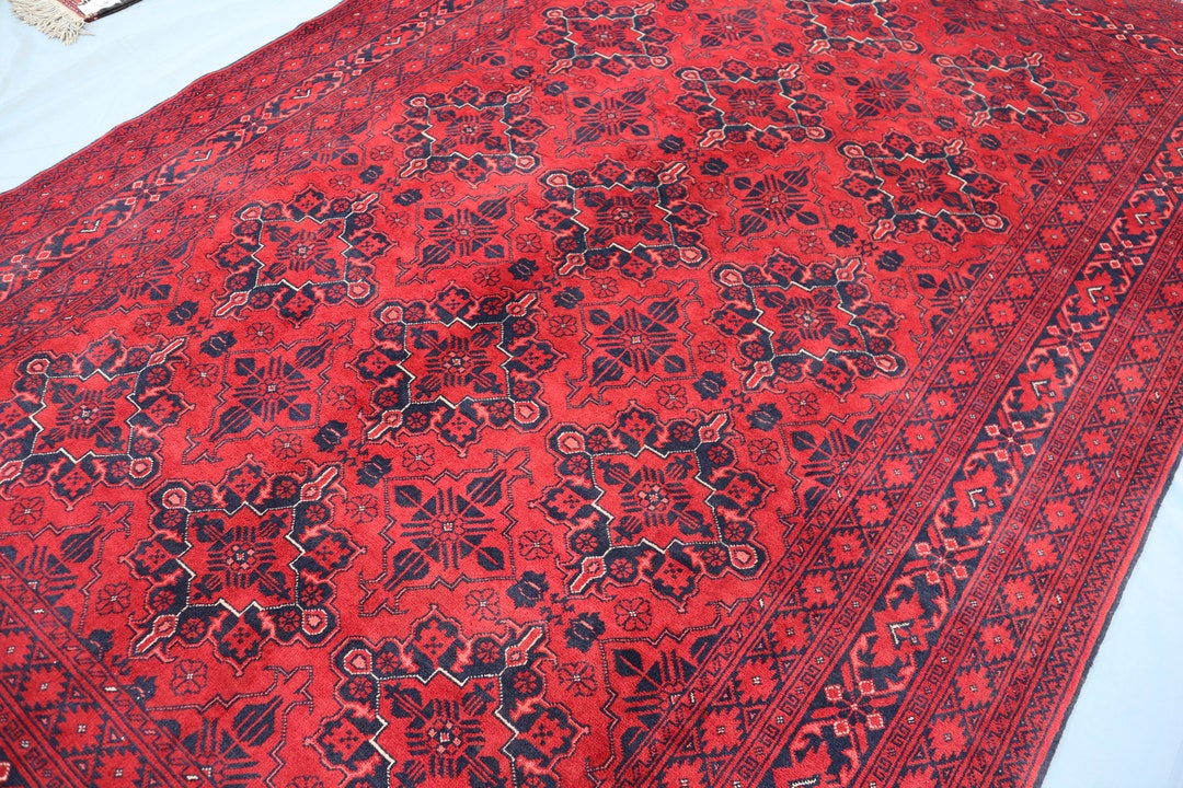 Turkmen Bukhara Rug 6.6x10 Ft, Red Afghan Handmade High Pile Soft Wool ...