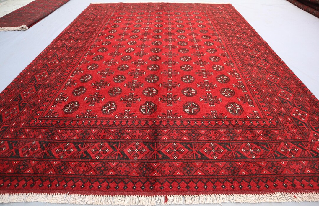 6'5x9'3 Afghan Tribal Red Area Rug, Large Turkmen Bukhara Rug, Handmade ...
