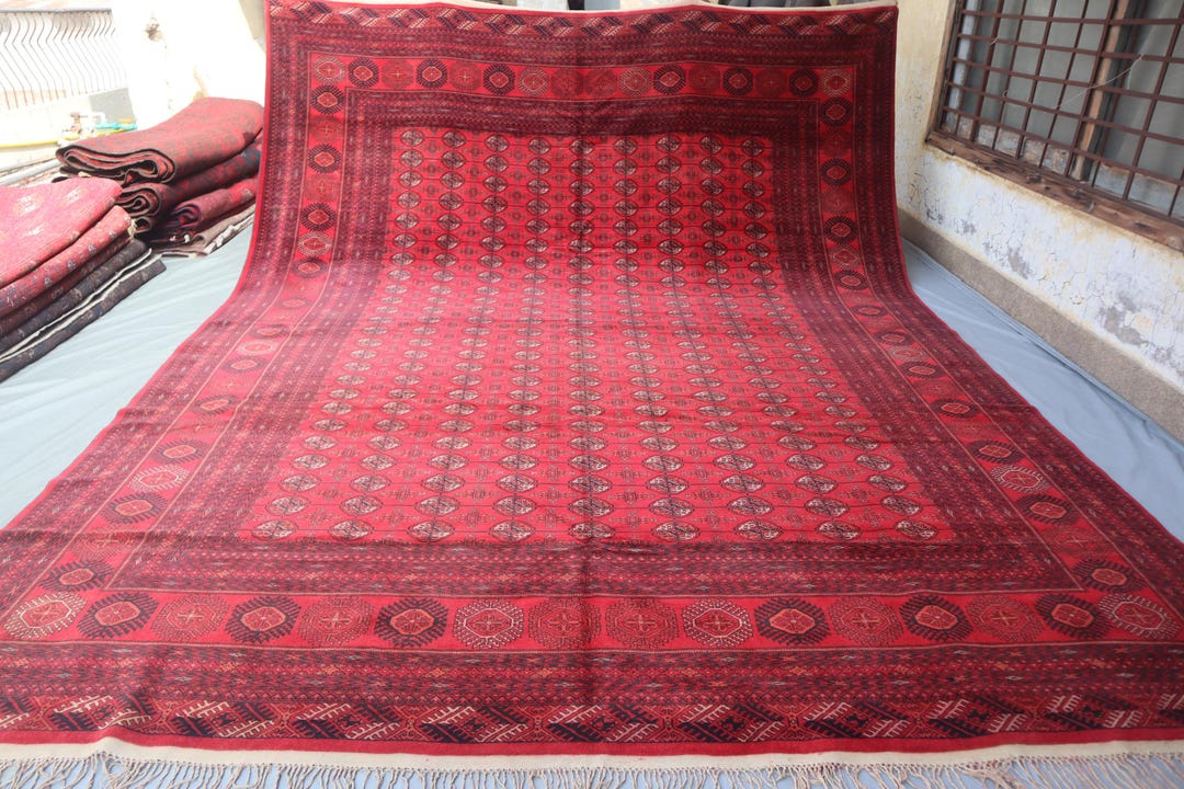 Turkmen Tribal Rug 10x13 Ft, Large Bukhara Handmade Wool Area Rug ...