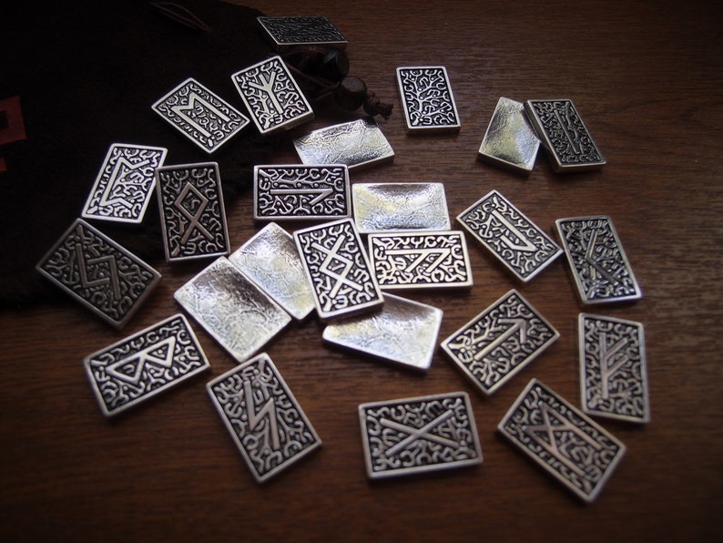 Silver Plated Elder Futhark Rune Set, Leather Pouch, Divination Tools ...