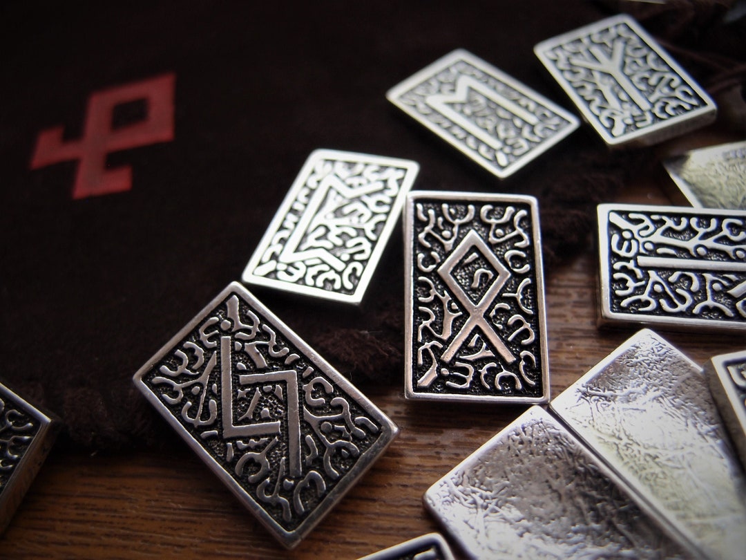 Silver-plated Metal Rune Set With Leather Pouch, Full Elder Futhark ...