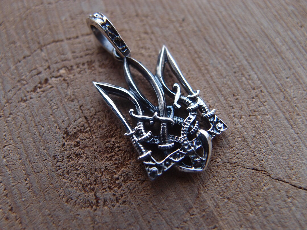 Ukrainian Tryzub Trident Pendant Necklace With Cossack Swords Sterling ...