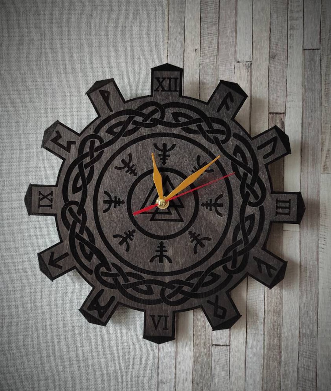 Viking Wooden Wall Clock: Runes, Helm of Awe, Valknut Symbols - Etsy