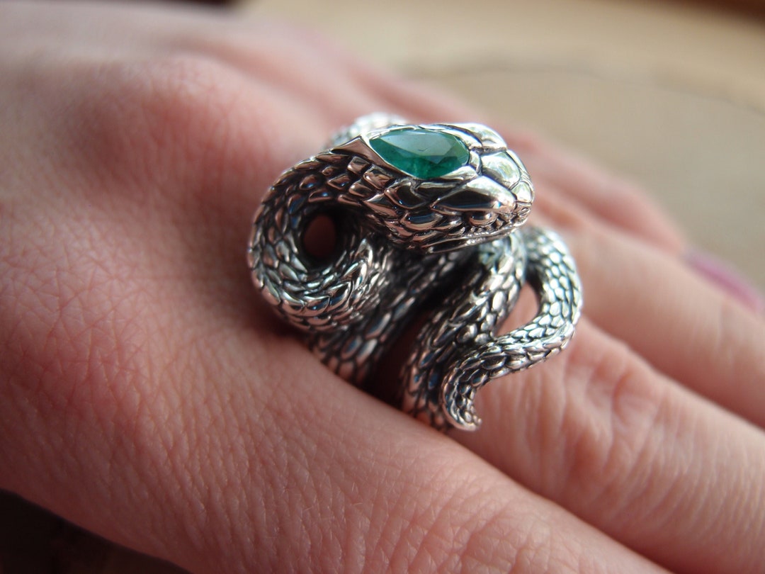 Big Solid Sterling Silver Snake Ring With Gemstone, Serpent of the ...