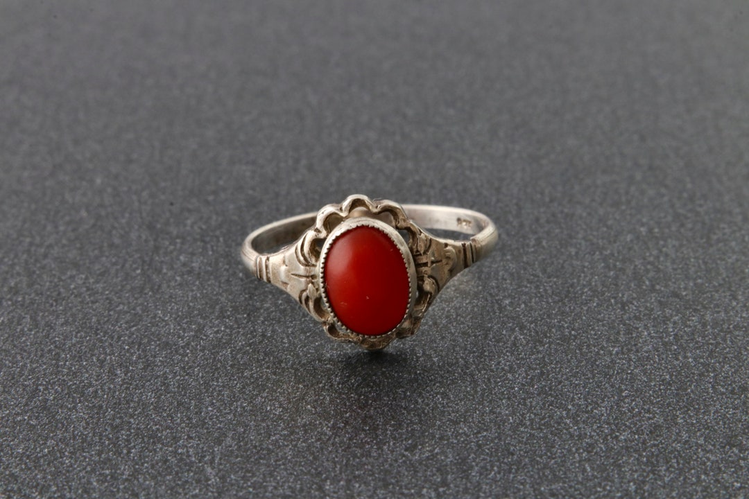 Small Sterling Silver Coral Ring, Red Coral Ring, Thin Ring, Vintage ...
