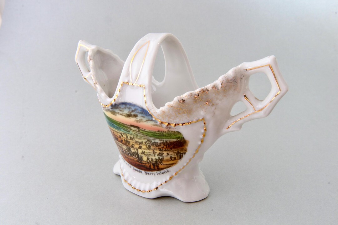 Antique Porcelain Basket Picture of Beach Landscape, Small Souvenir ...