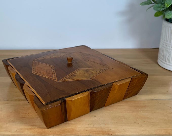 Vintage Wooden Inlay Box | Geometric Lid Design | 8.25” X 8.25” X 2” - Etsy