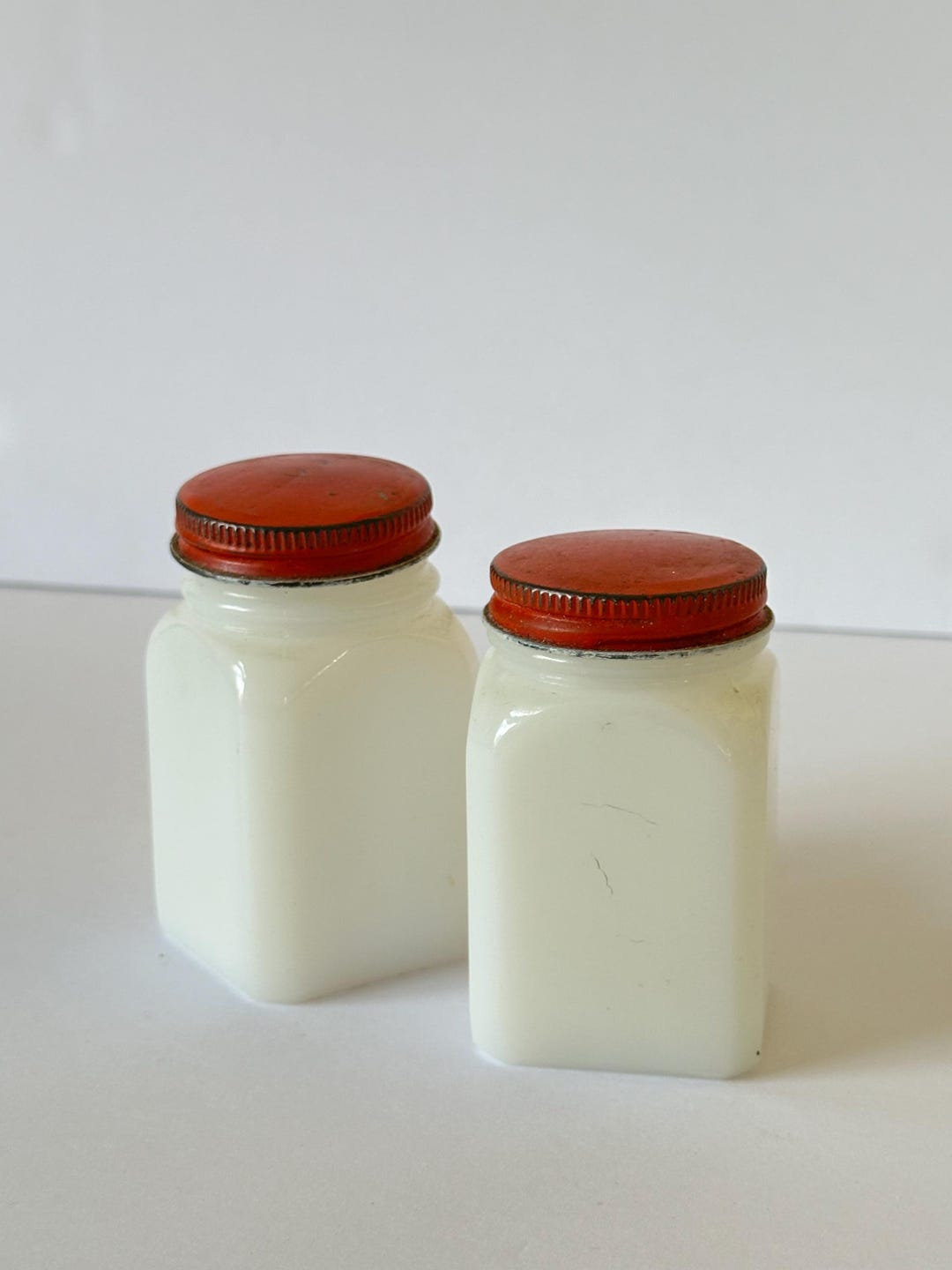 Vintage Milk Glass Jars With Red Lids, Red and White Spice Jars, Milk ...