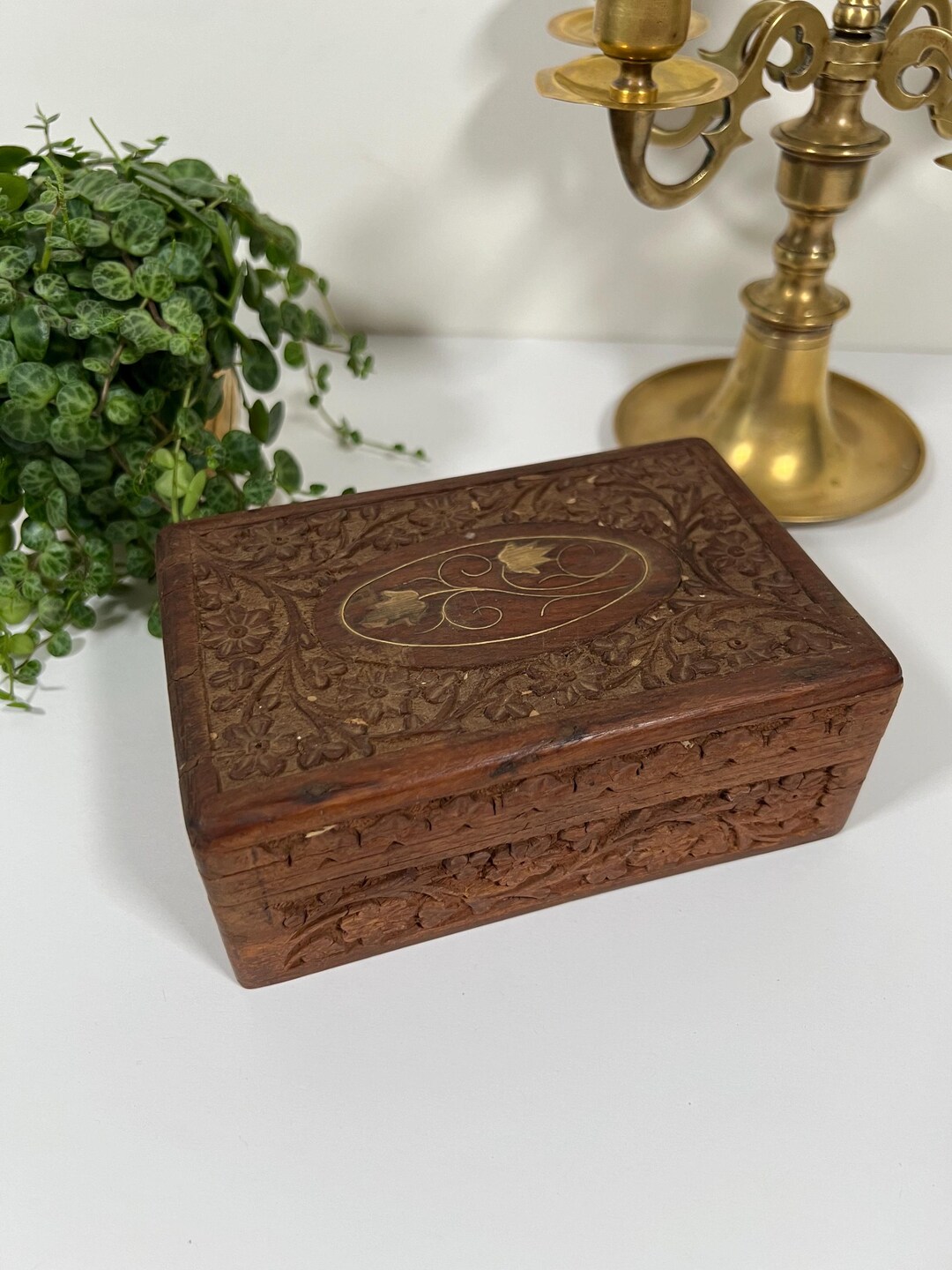 Vintage Carved Wood Box, Inlay, Floral Motif, Trinket Box, Jewelry Box ...