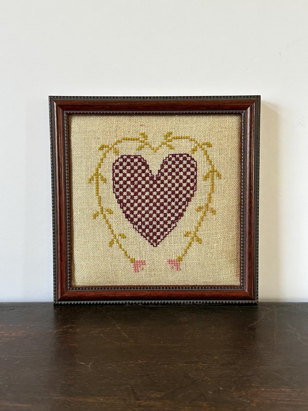 Vintage Framed Needlepoint Heart, Wood Frame, Needlepoint Crewel ...