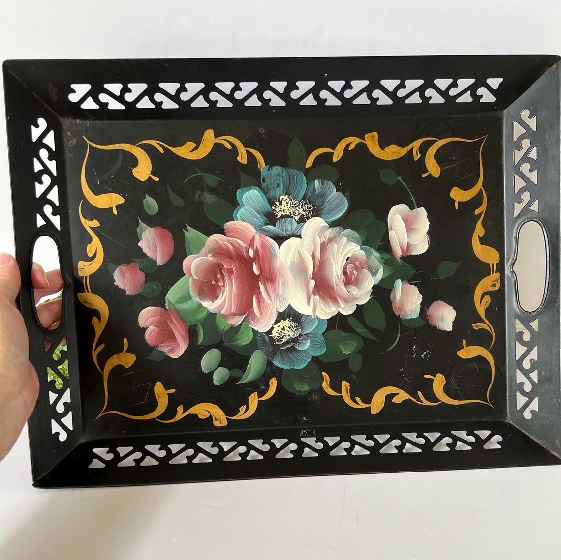 Vintage Tole Painted Metal Tray, Metal Rectangle Tray, Bar Tray, Modern ...