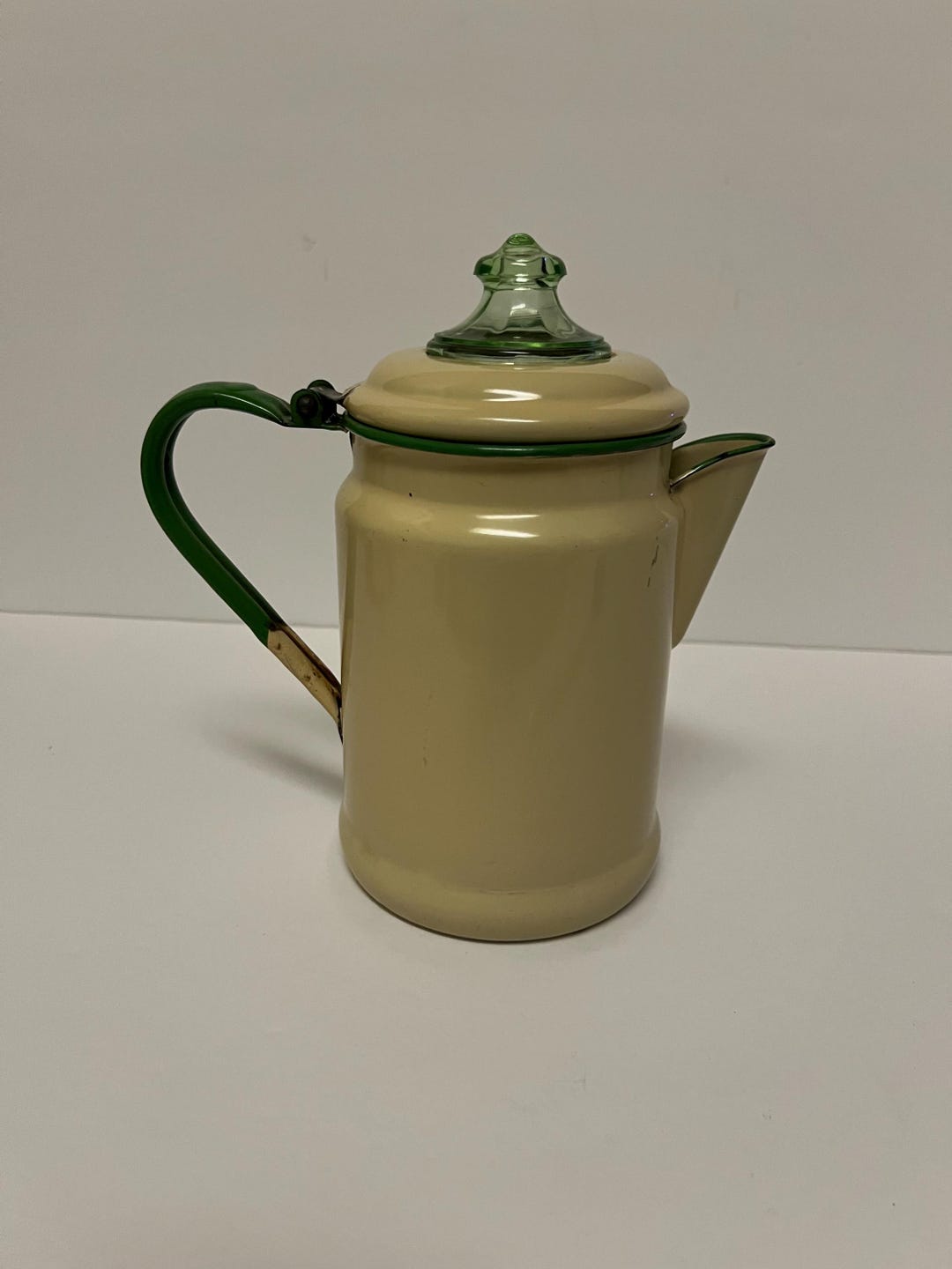 Vintage Enamelware Coffee Pot With Vaseline Glass Dome, Green and Cream ...