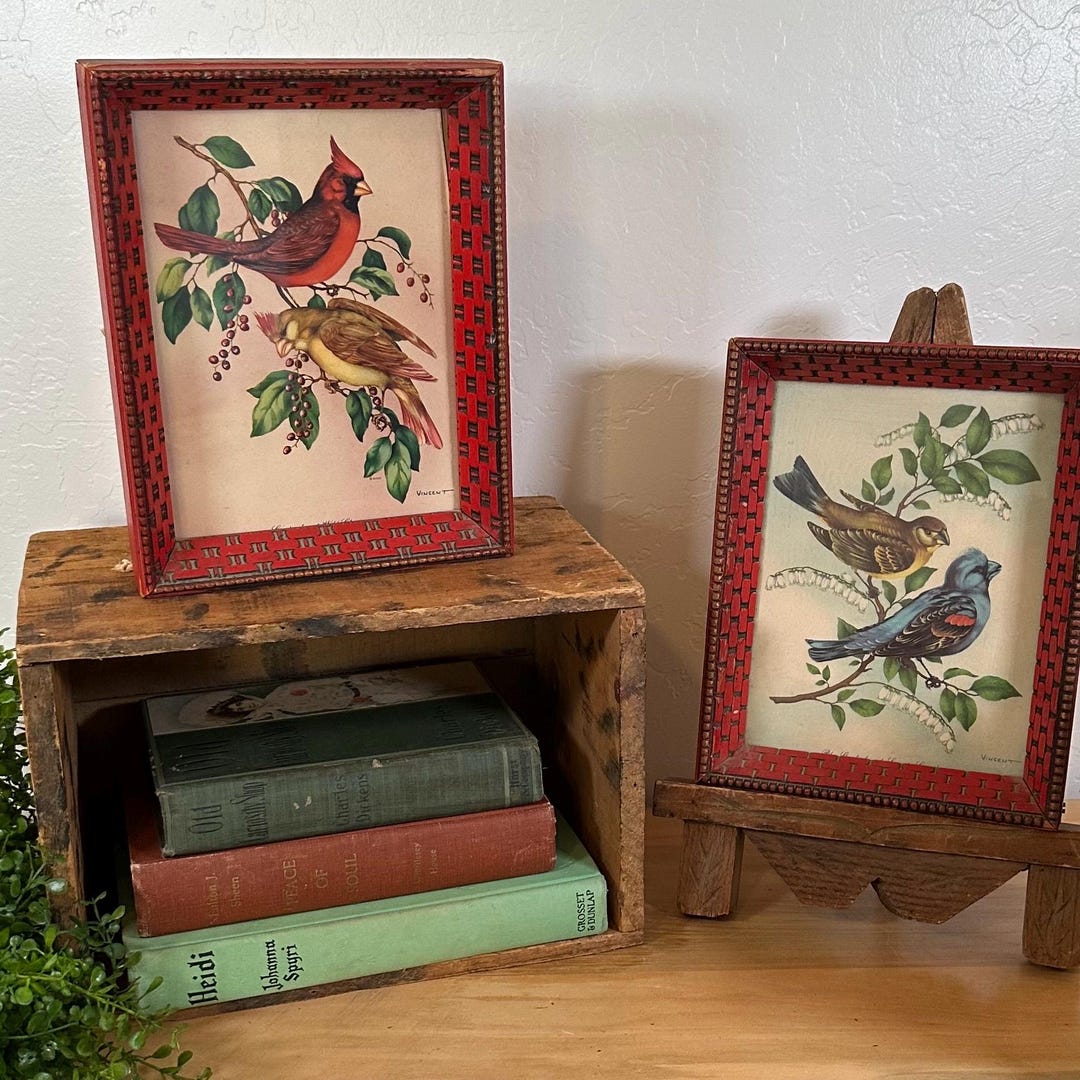 Set of 2 Framed Bird Prints – Cardinal and Songbirds Wall Art in Red ...