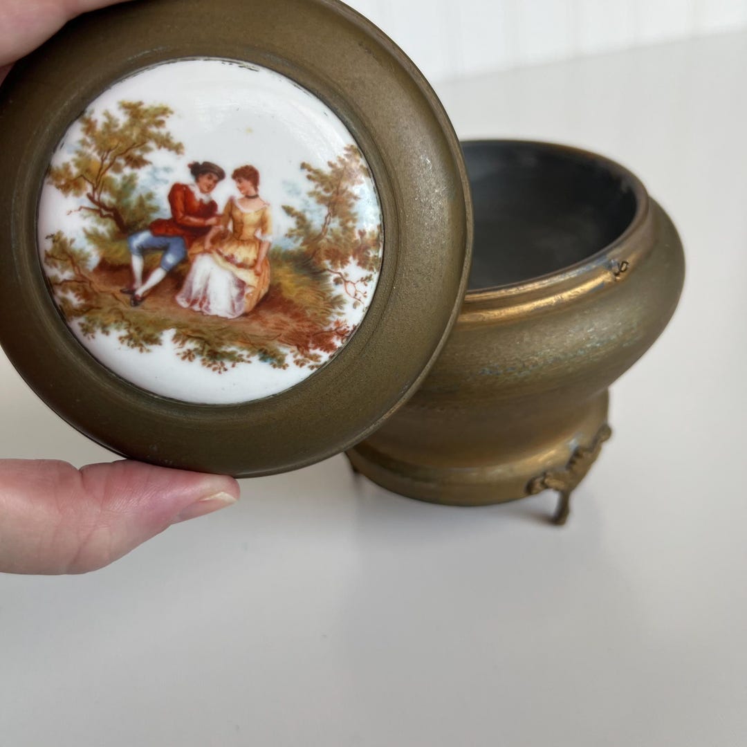 Victorian Footed Metal Powder Music Box, Painted Tin Antique Vanity ...