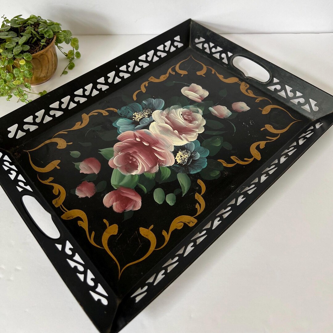 Vintage Tole Painted Metal Tray, Metal Rectangle Tray, Bar Tray, Modern ...