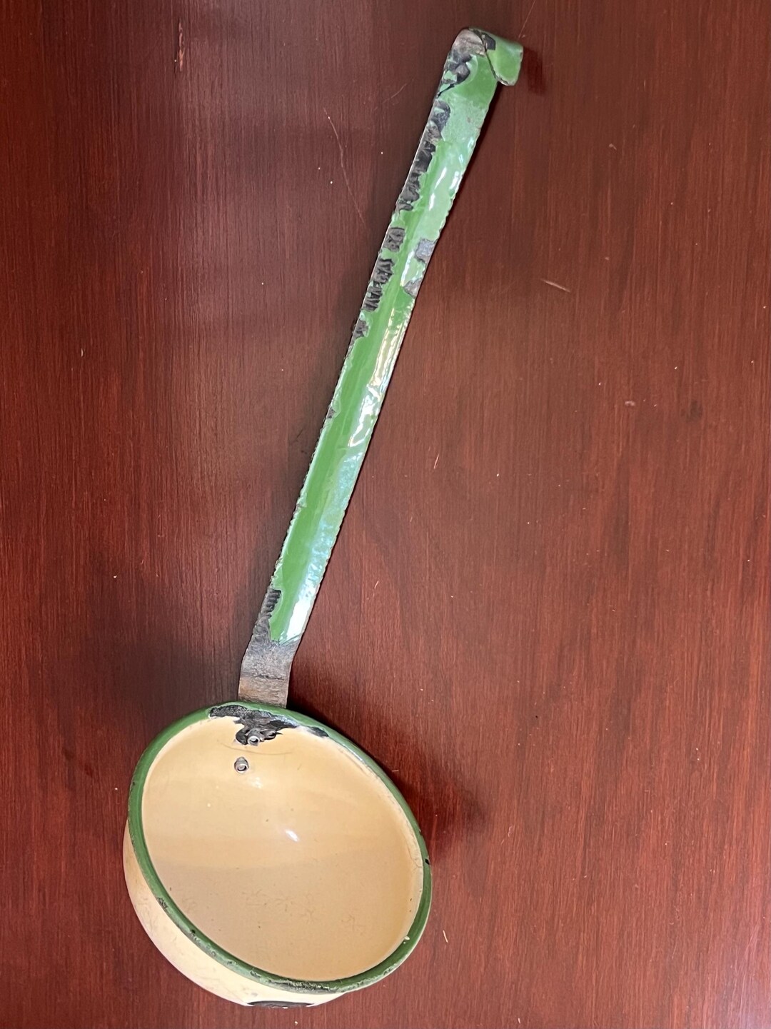 Vintage Enamelware Ladle, Green and Cream, Primitive, Farmhouse, Rustic ...