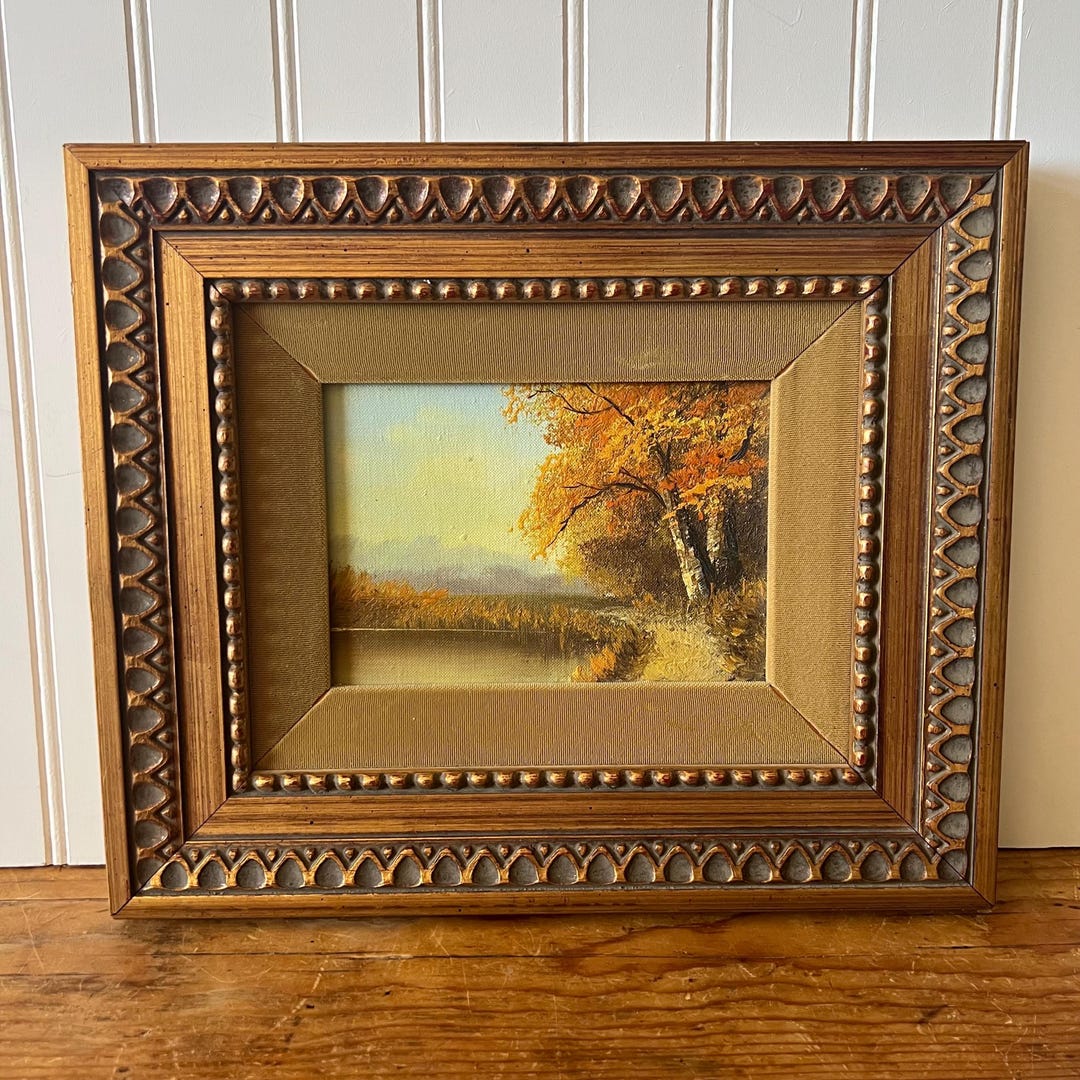 Vintage Framed Landscape Painting | Gold Frame With Velvet Mat | Autumn ...