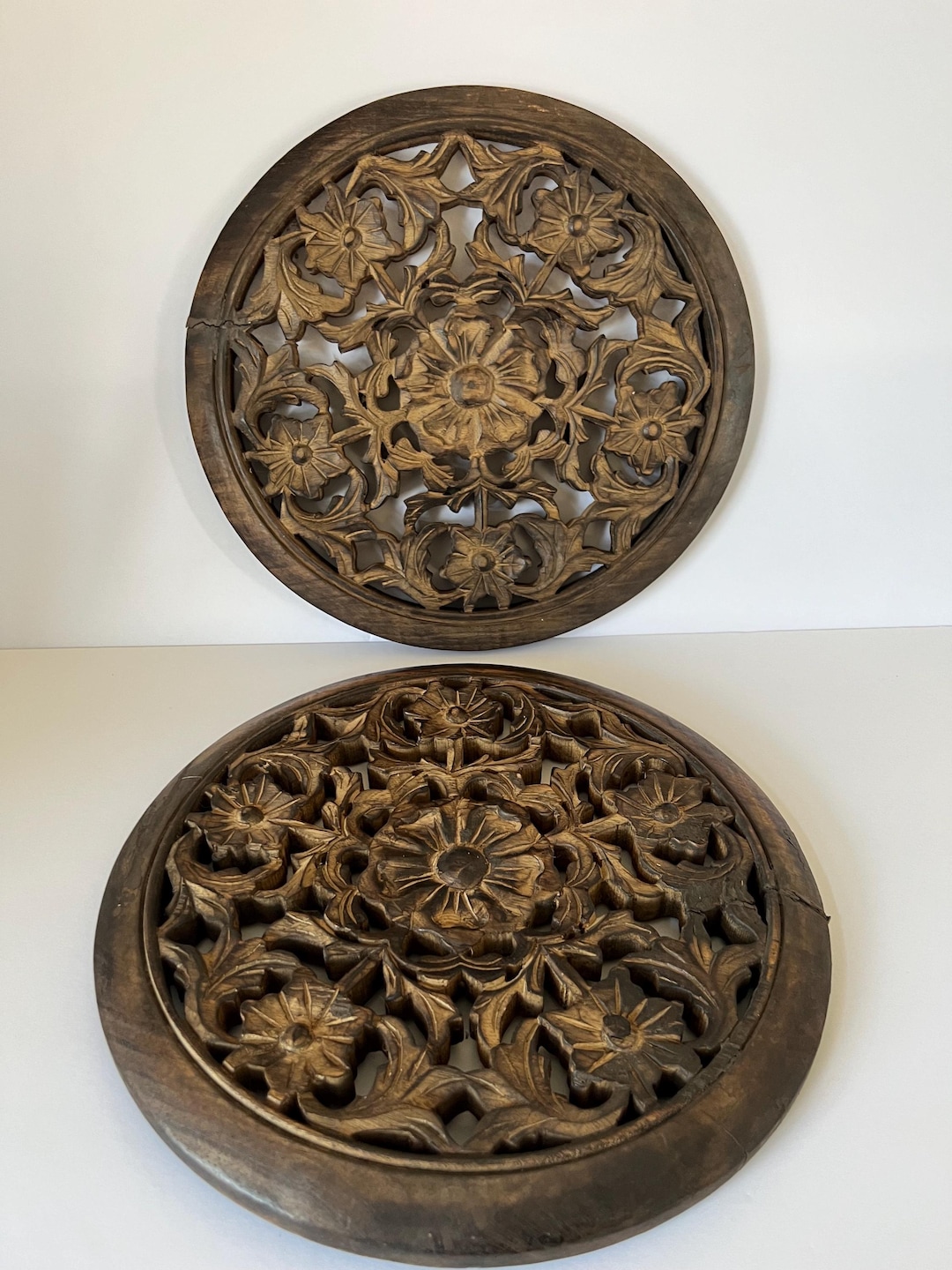 Pair of Vintage Carved Wood Wall Medallions, Wall Hangings ...