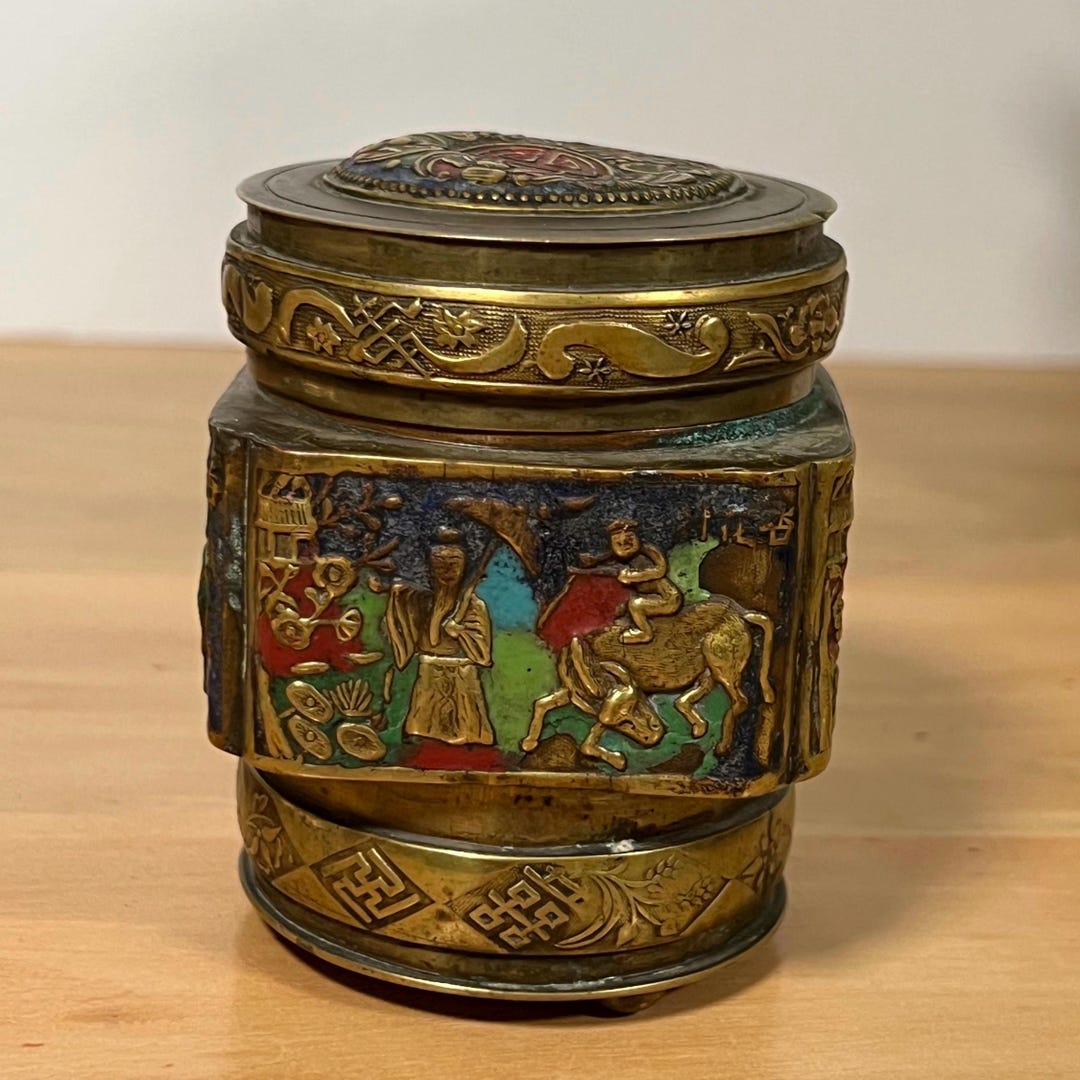 Vintage Chinese Brass Enameled Lidded Box – Ornate Handcrafted Tea or ...