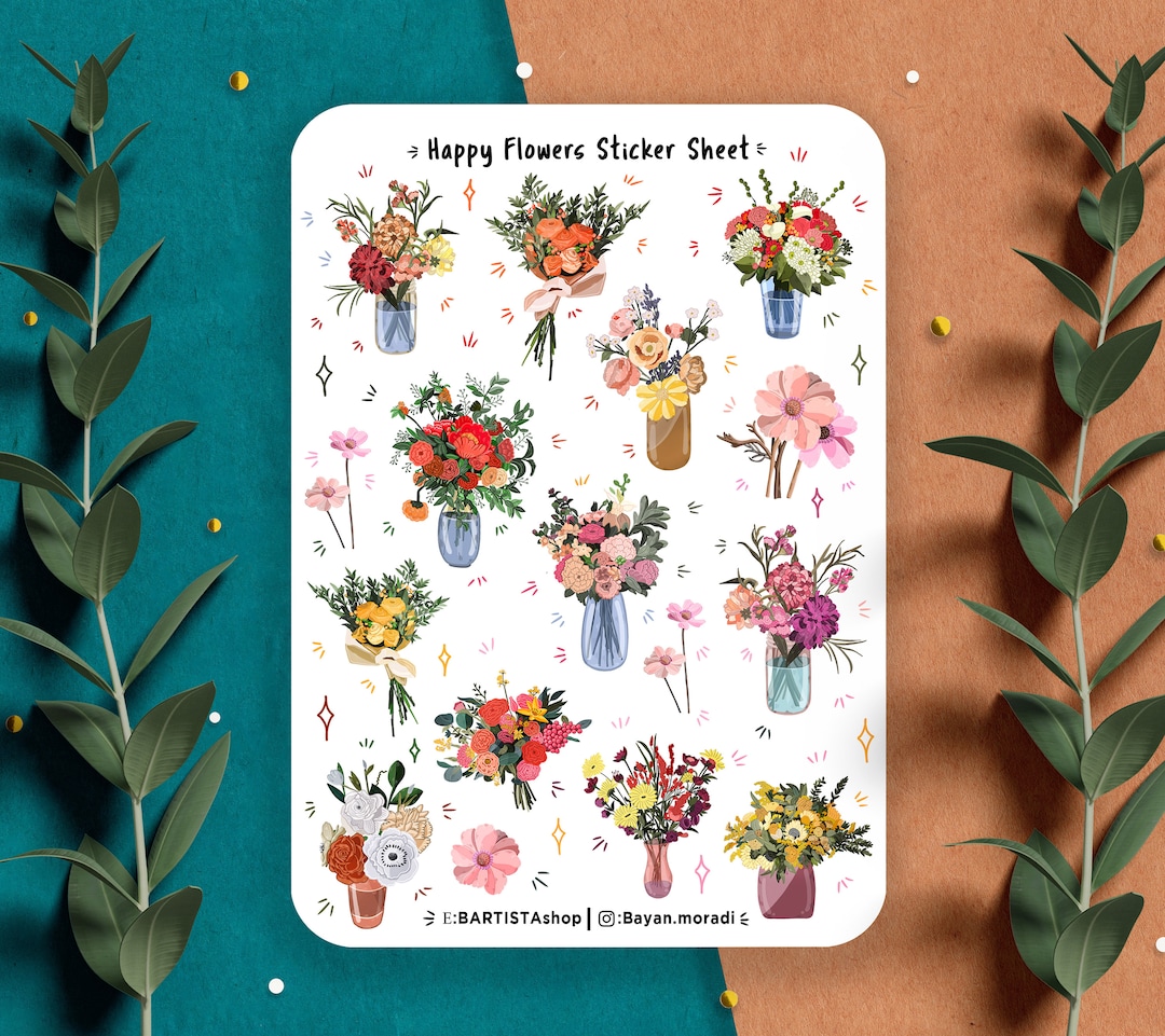 Happy Flowers Sticker Sheet, Spring, Nature, Planner Stickers, Journal ...