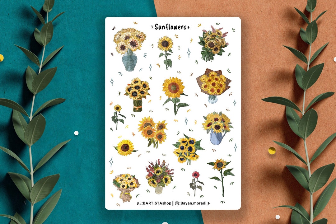 Sunflower Sticker Sheet, Sunflower Stickers, Planner Stickers, Journal ...