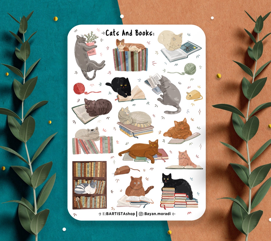 Cats and Books Sticker Sheet , Journal Stickers, Planner Stickers ...