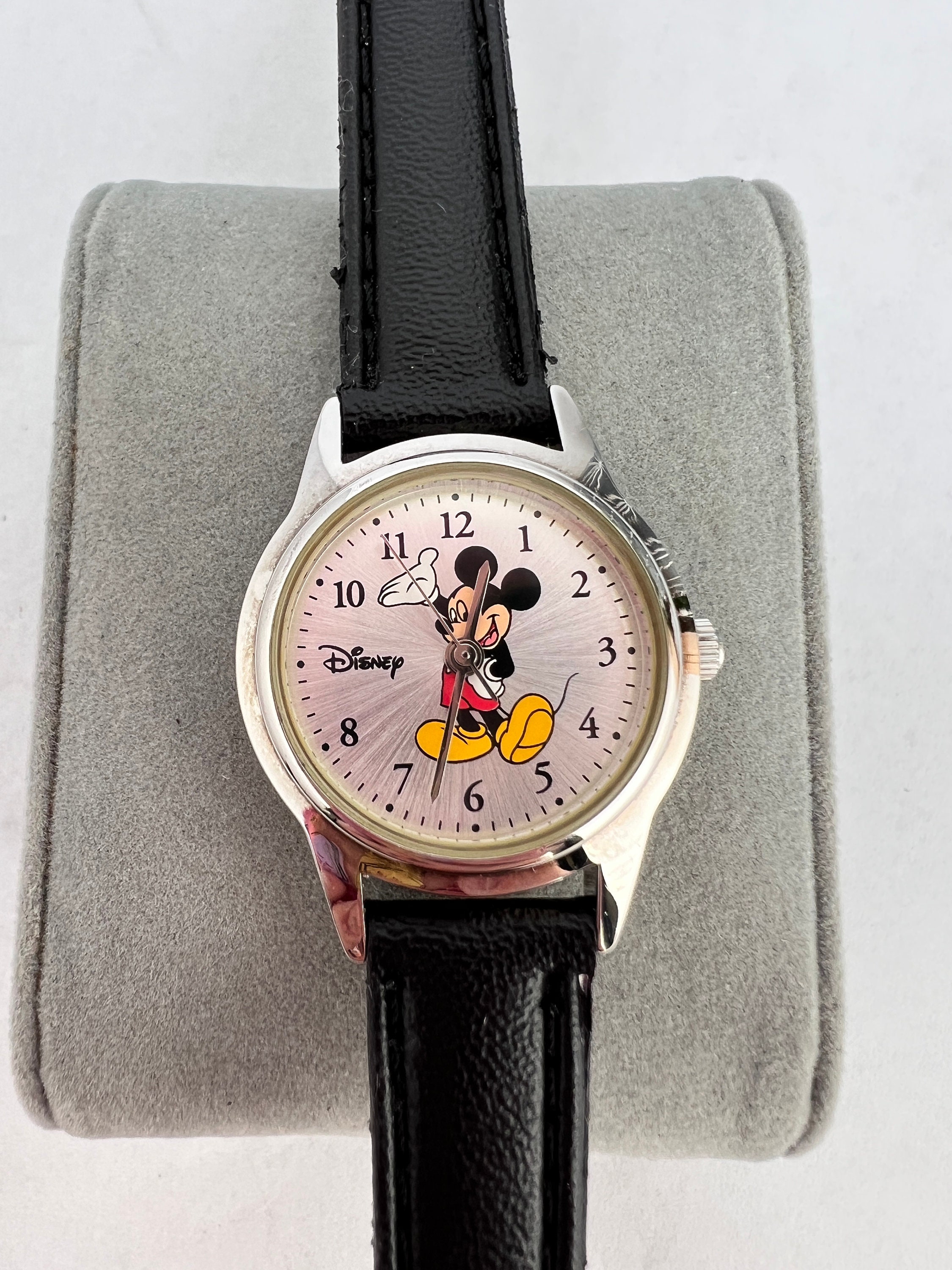 Mickey Mouse Watch Disney Silver Tone With Black Leather - Etsy