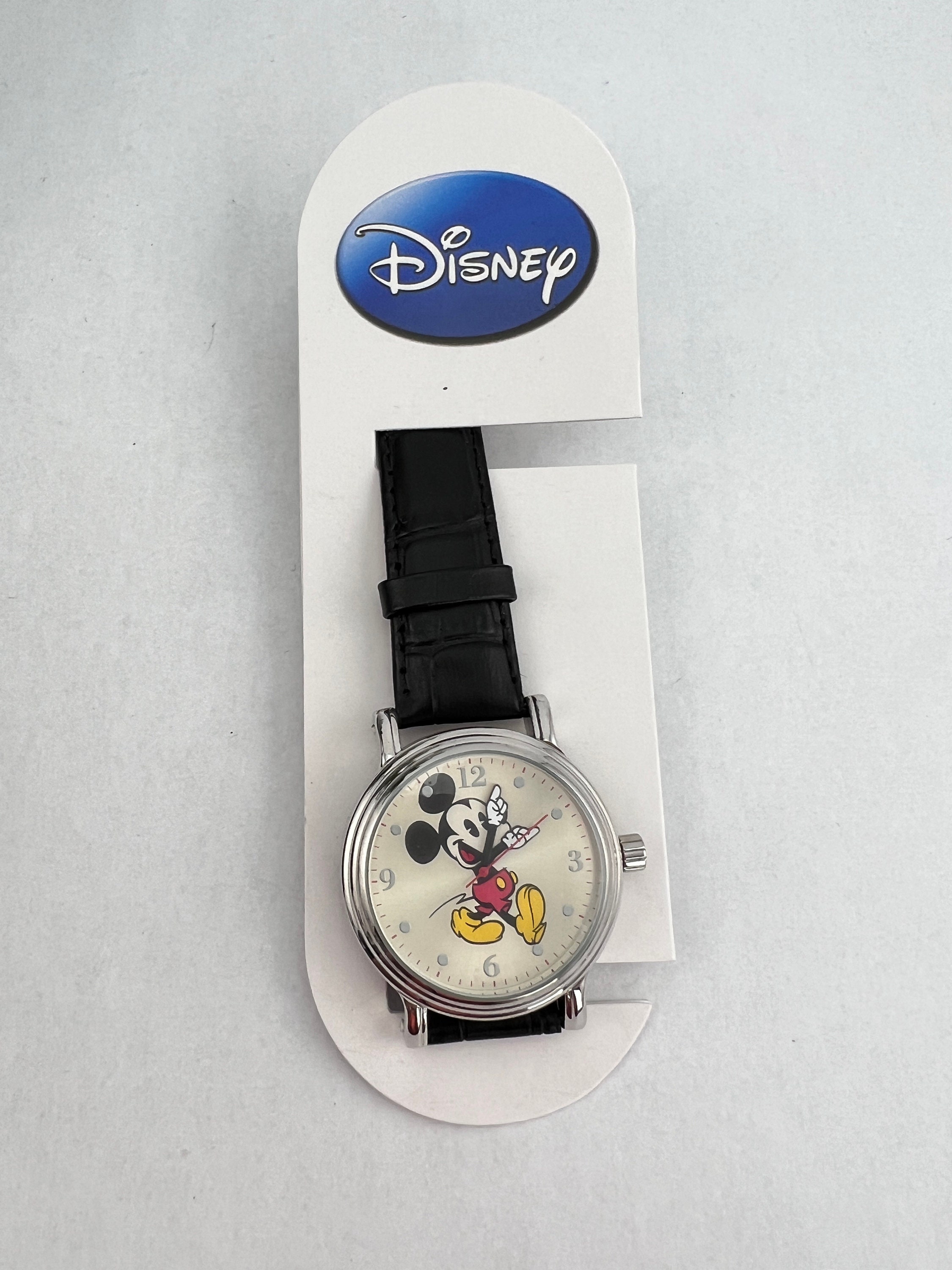 Disney Mickey Mouse Rotating Hands Watch - Black Leather Band, Original ...
